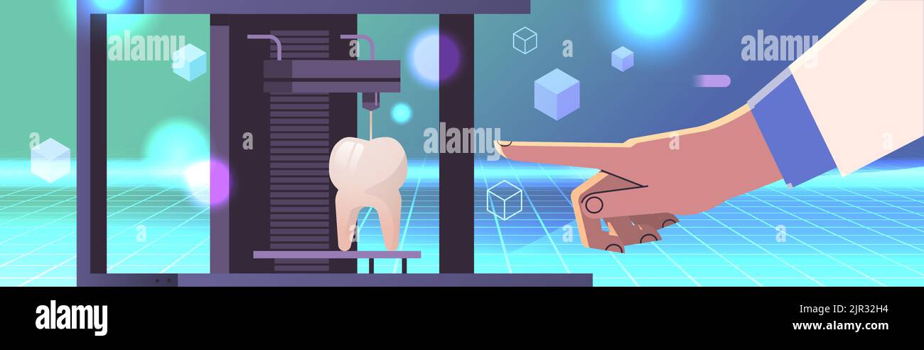 researcher hand pointing tooth model printed on 3d bio printer medical ...