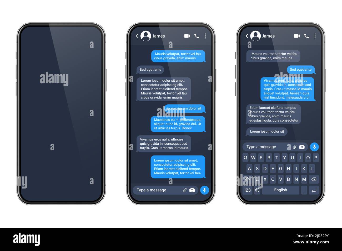 Realistic smartphone with messaging app. SMS text frame. Conversation chat screen with blue ...