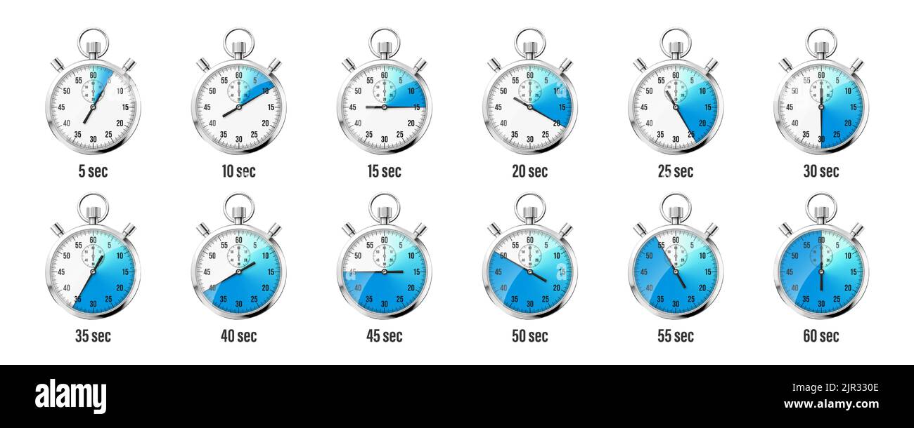 Realistic classic stopwatch icons. Shiny metal chronometer, time ...