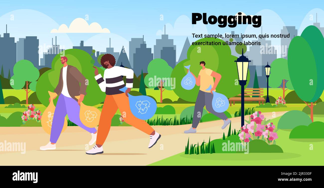 people picking up garbage into bags plogging ecological challenge save ...