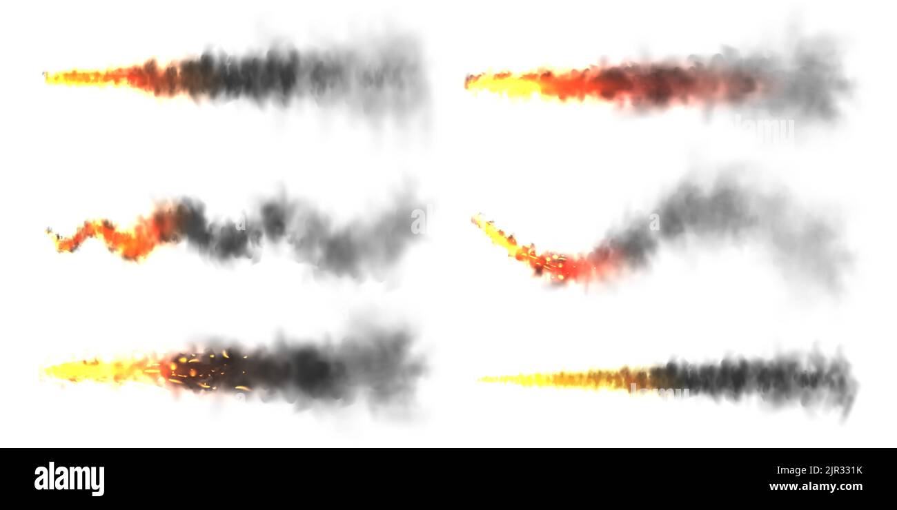 Realistic black smoke with fire, space rocket launch trails. Fire burst ...
