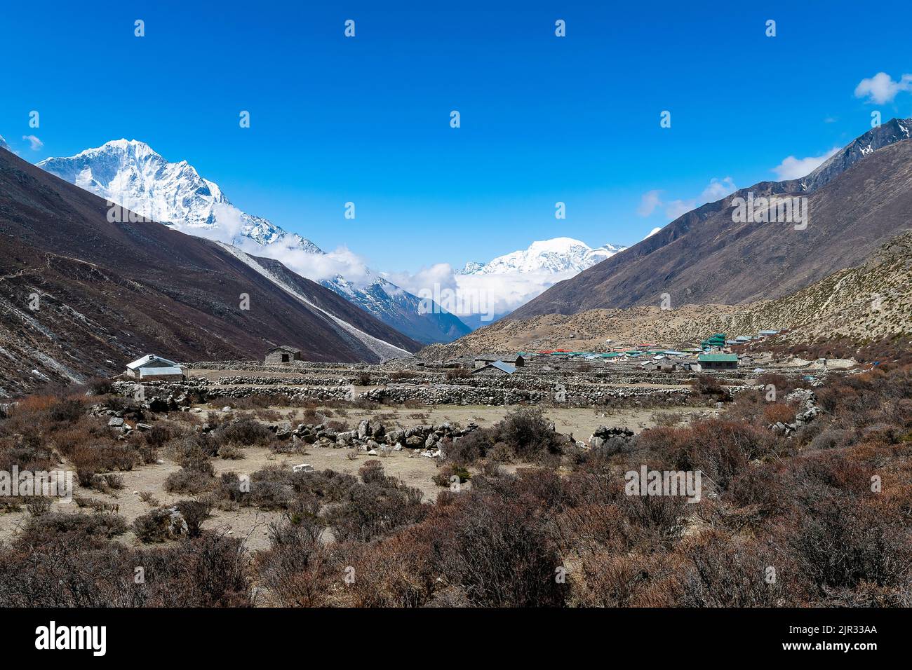 A stunning view of the Dingboche village, Everest Base Camp trek, Nepal ...