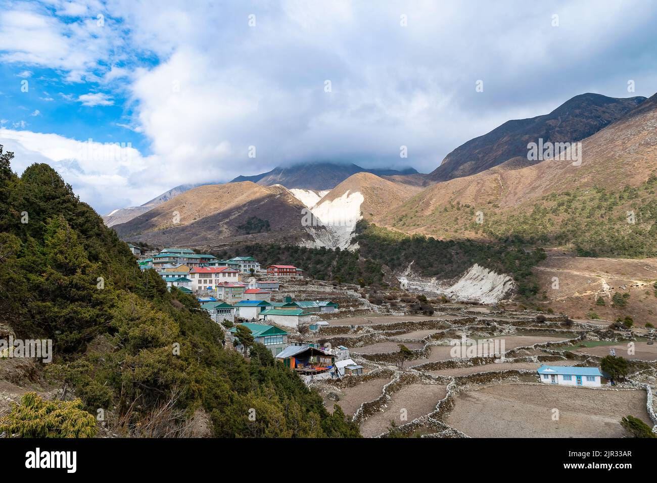 A stunning view of the Pangboche village, Everest Base Camp trek, Nepal ...
