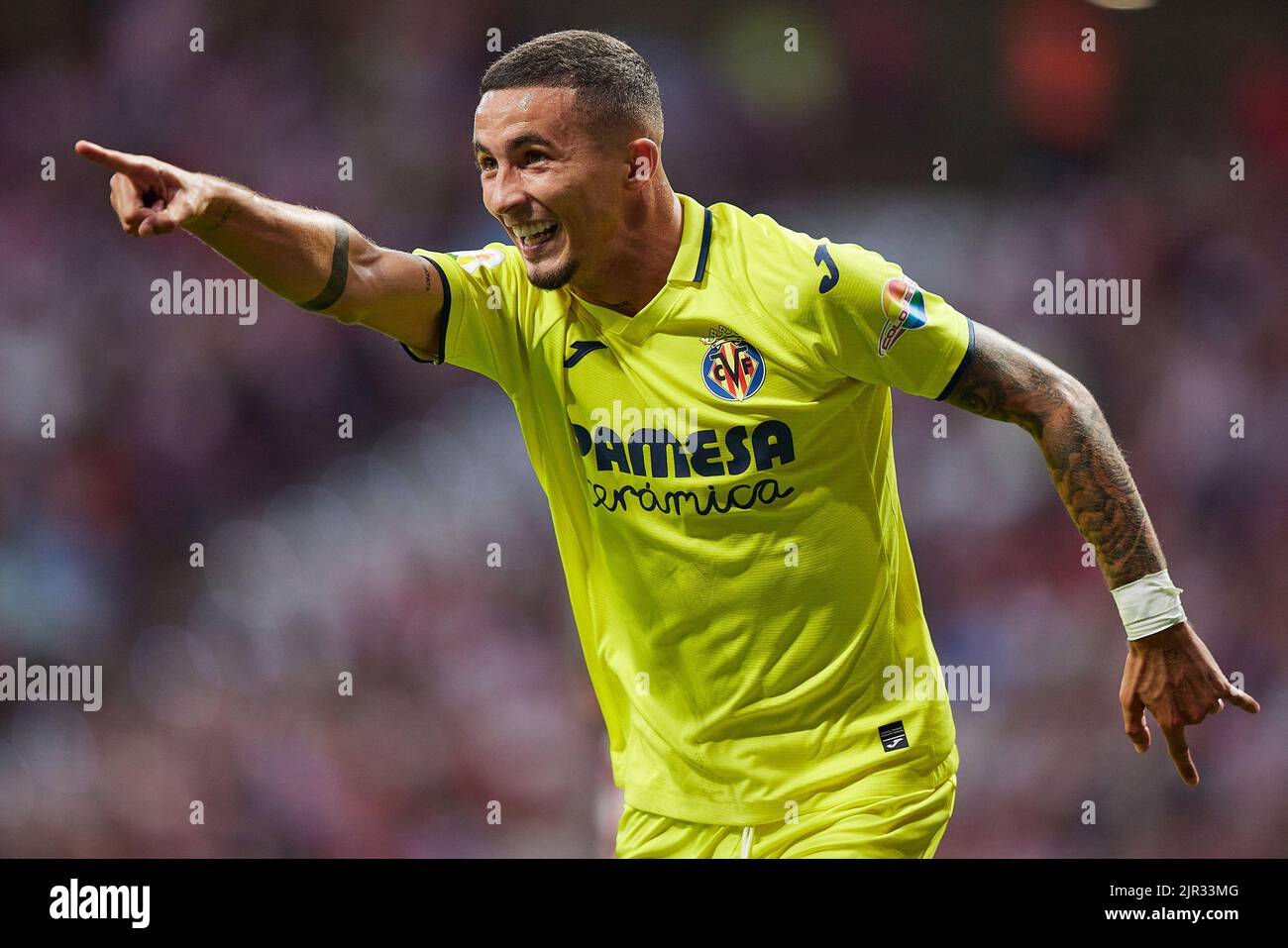 Yeremy Pino of Villarreal CF celebrates after scoring the 0-1 during ...