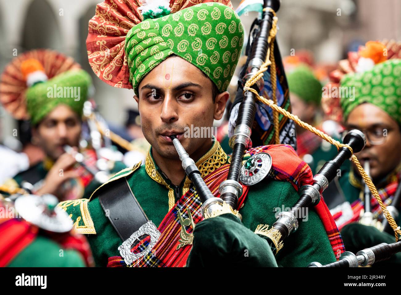 A bagpiper in the Shree Muktajeevan Swamibapa Pipe Band at the New York ...
