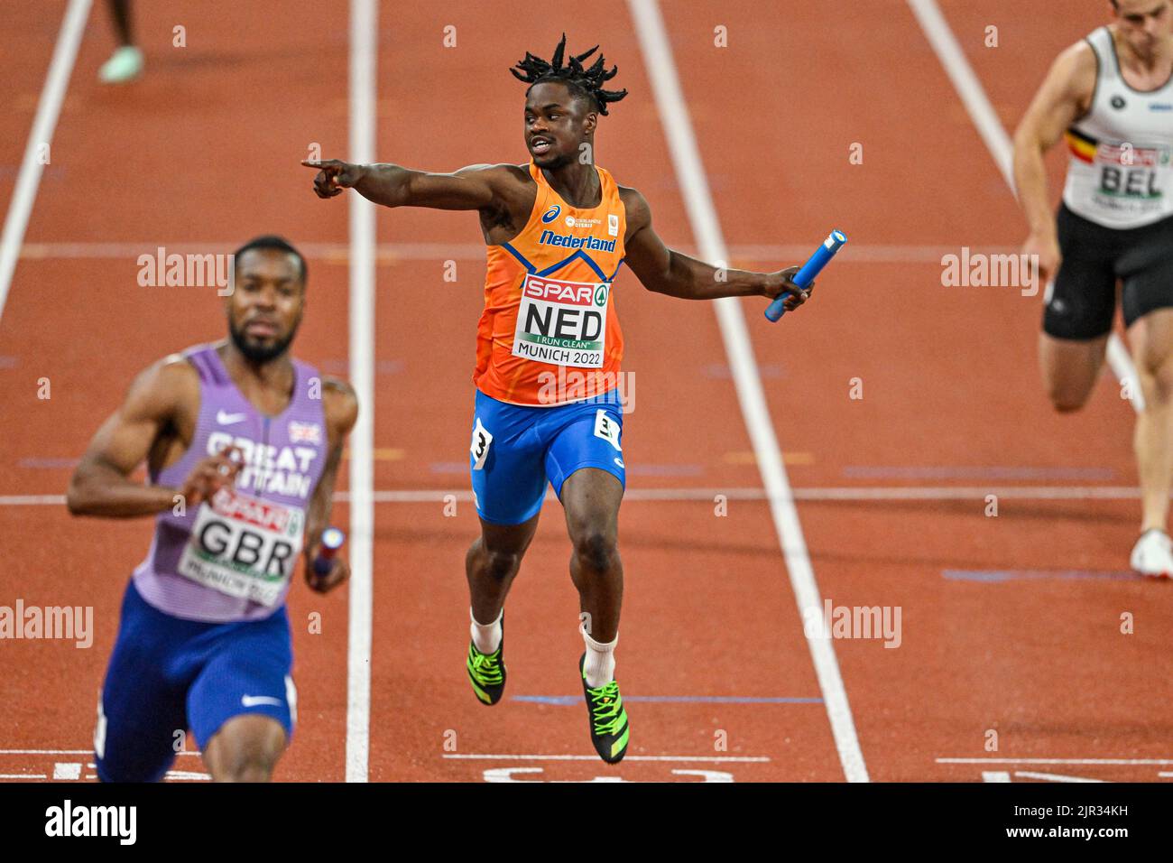 MUNCHEN, GERMANY - AUGUST 21: Raphael Bouju of The Netherlands competing in men's 4x 100m relay ...