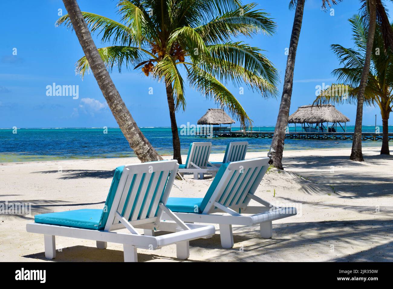 A typical view on Ambergris Caye, San Pedro, Belize of a beach, lounge ...