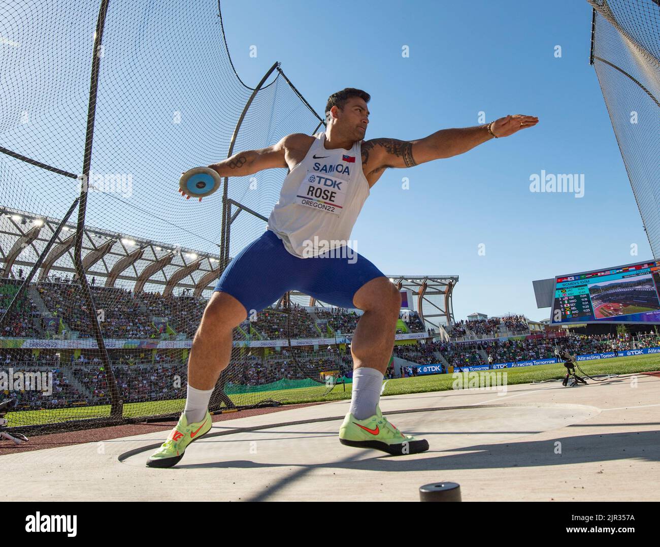 Alex Rose of Samoa competing in the men’s discus heats at Hayward Field ...