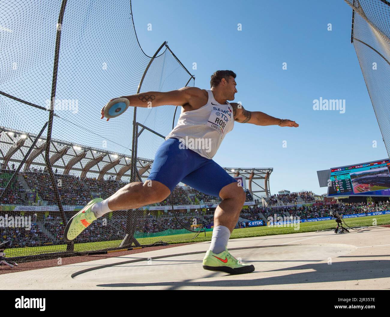 Alex Rose of Samoa competing in the men’s discus heats at Hayward Field ...