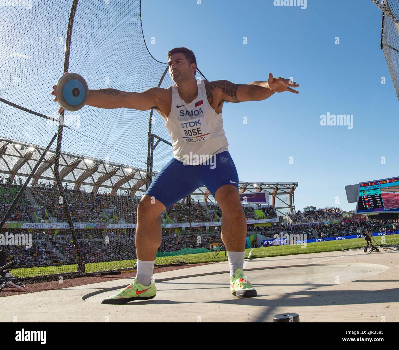 Alex Rose of Samoa competing in the men’s discus heats at Hayward Field ...
