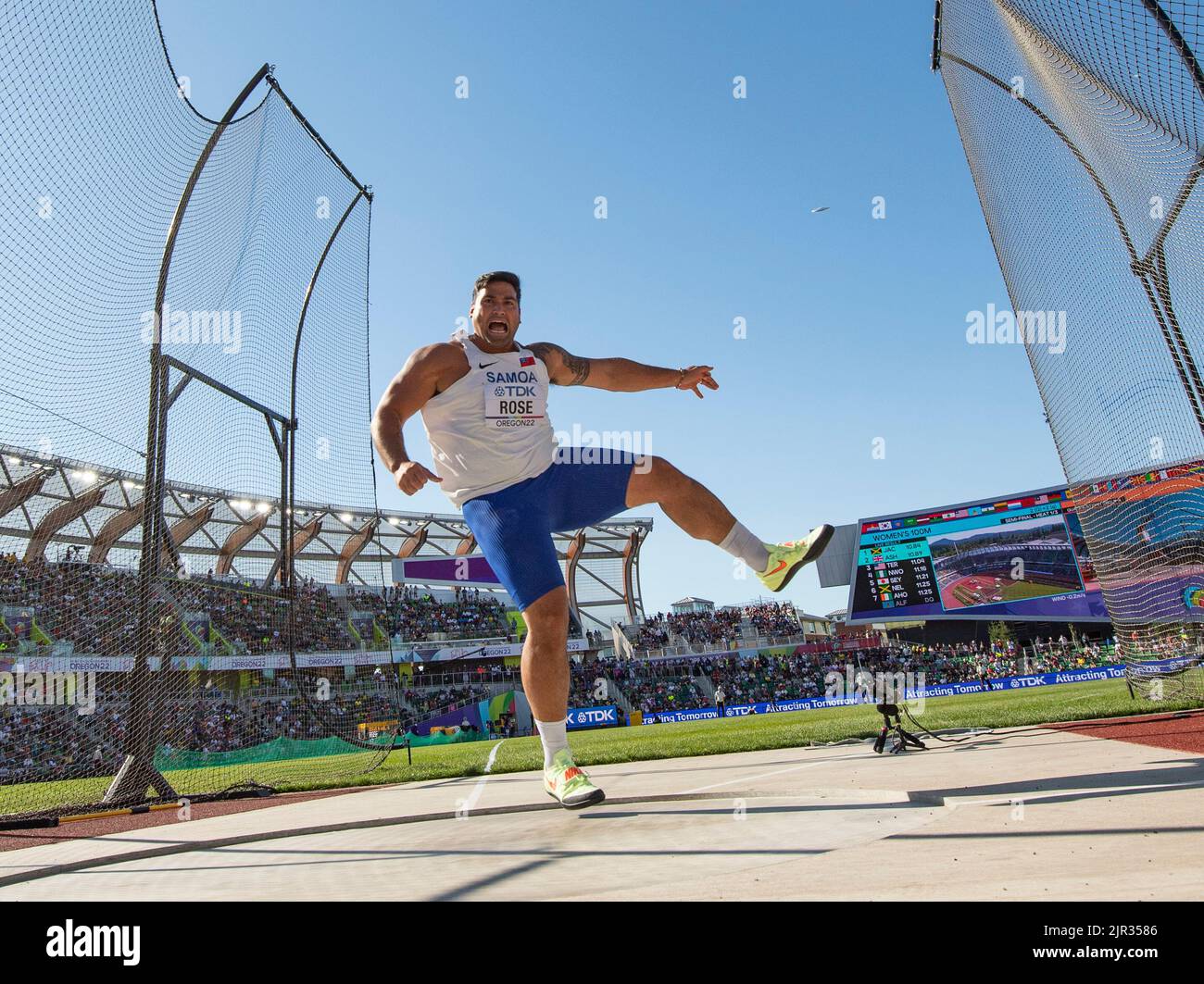 Alex Rose of Samoa competing in the men’s discus heats at Hayward Field ...