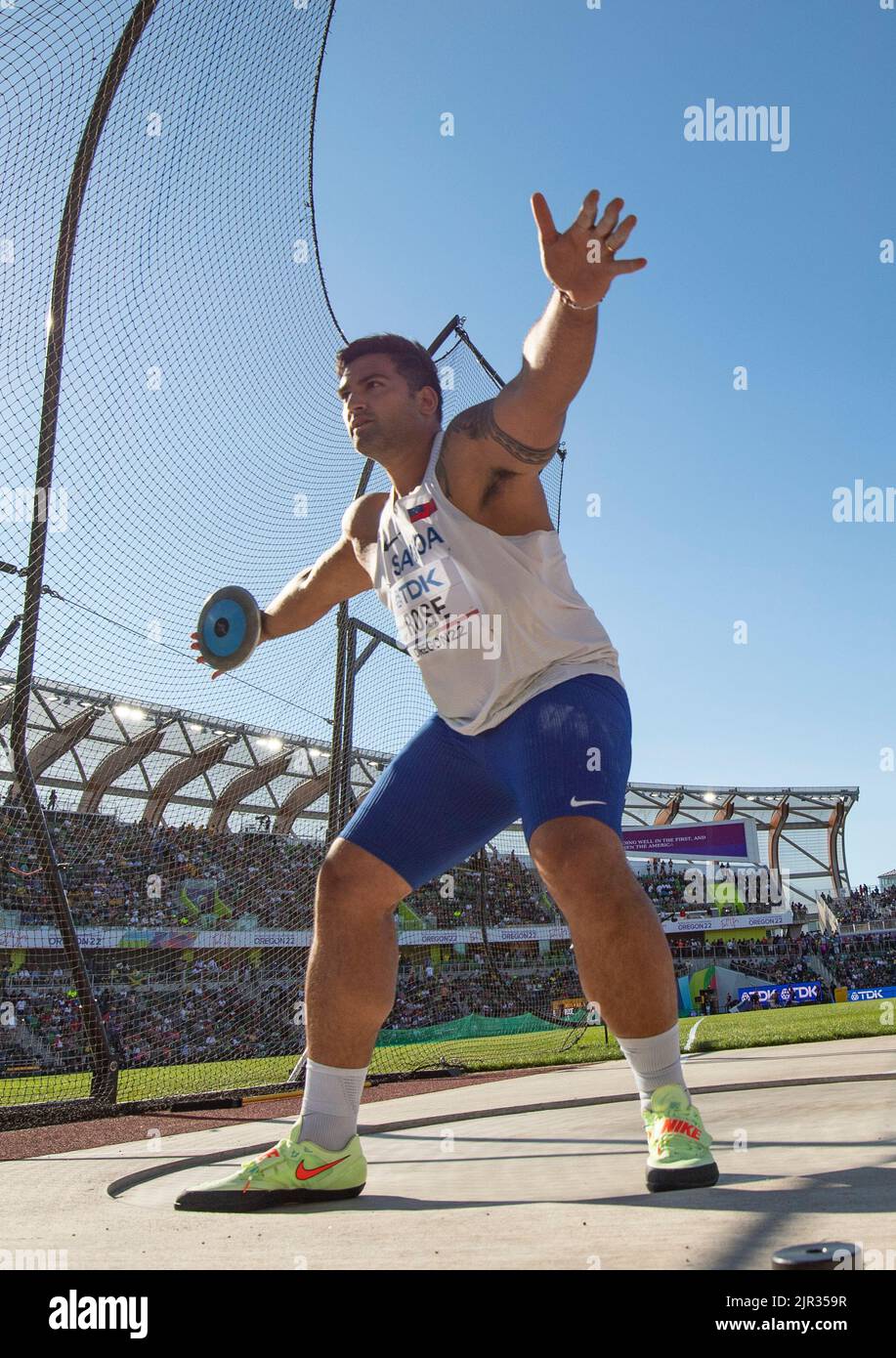 Alex Rose of Samoa competing in the men’s discus heats at Hayward Field ...