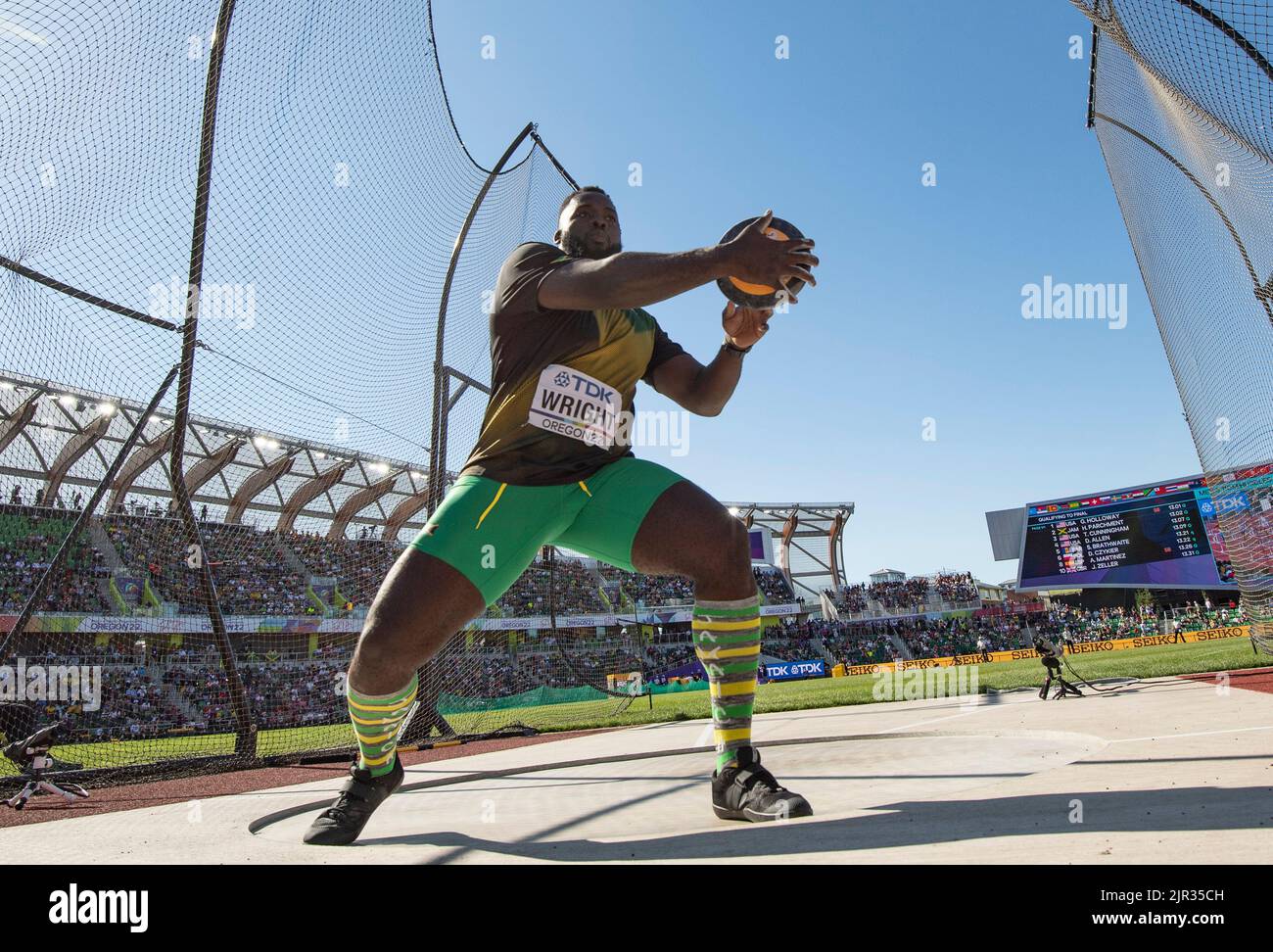 Chad Wright of Jamaica competing in the men’s discus heats at Hayward ...
