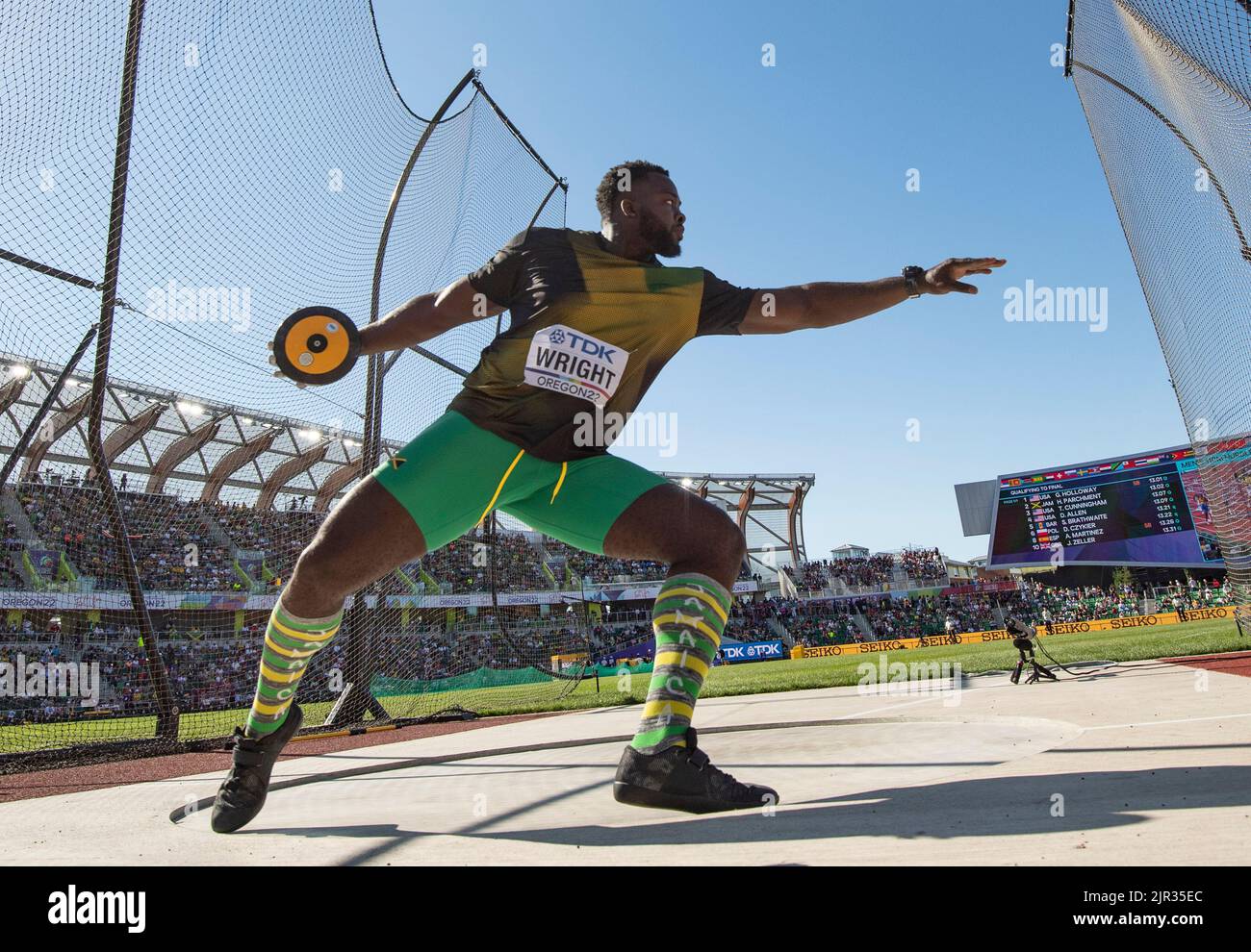 Chad Wright of Jamaica competing in the men’s discus heats at Hayward ...