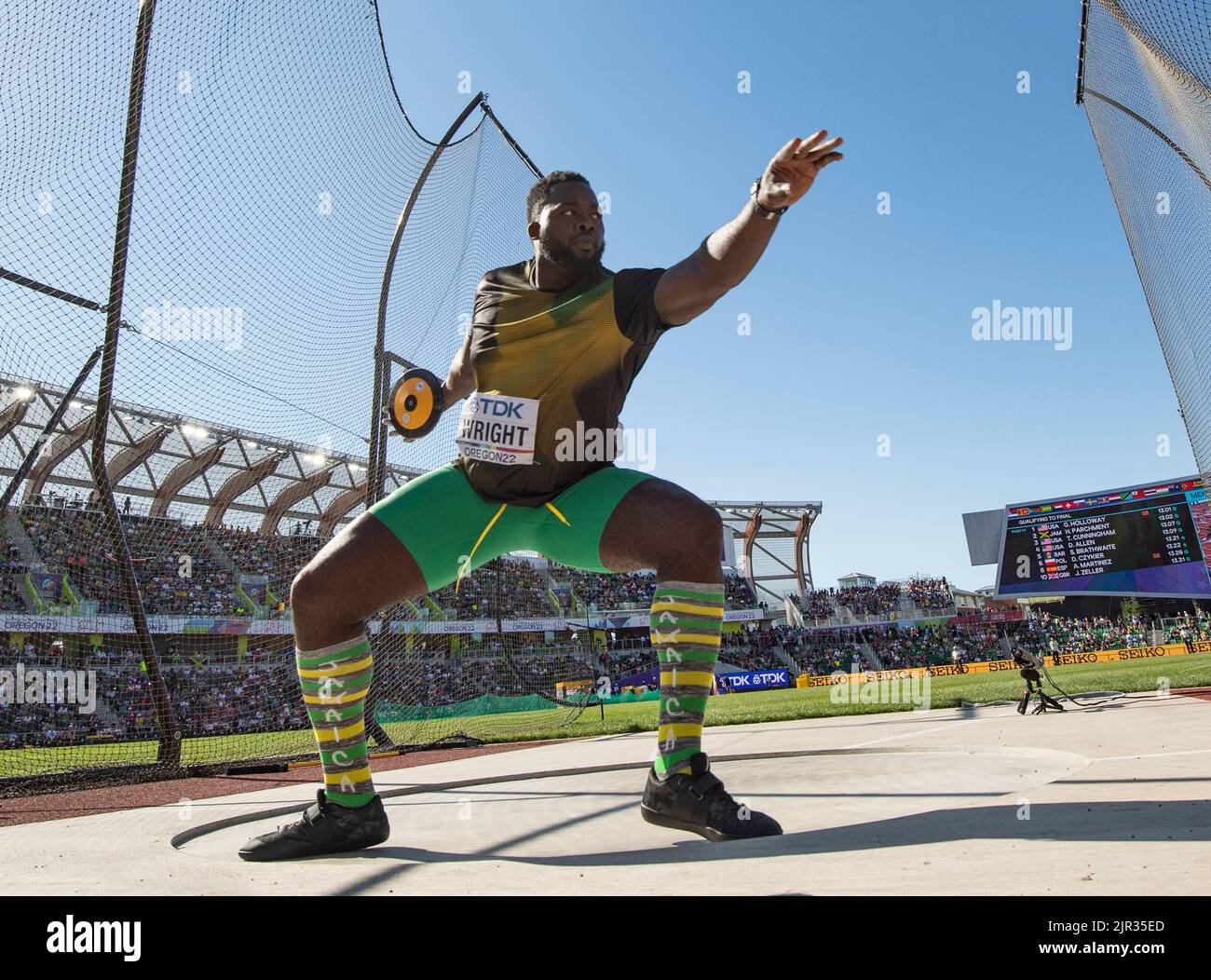 Chad Wright of Jamaica competing in the men’s discus heats at Hayward ...