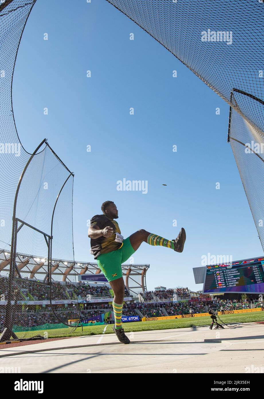Chad Wright of Jamaica competing in the men’s discus heats at Hayward ...