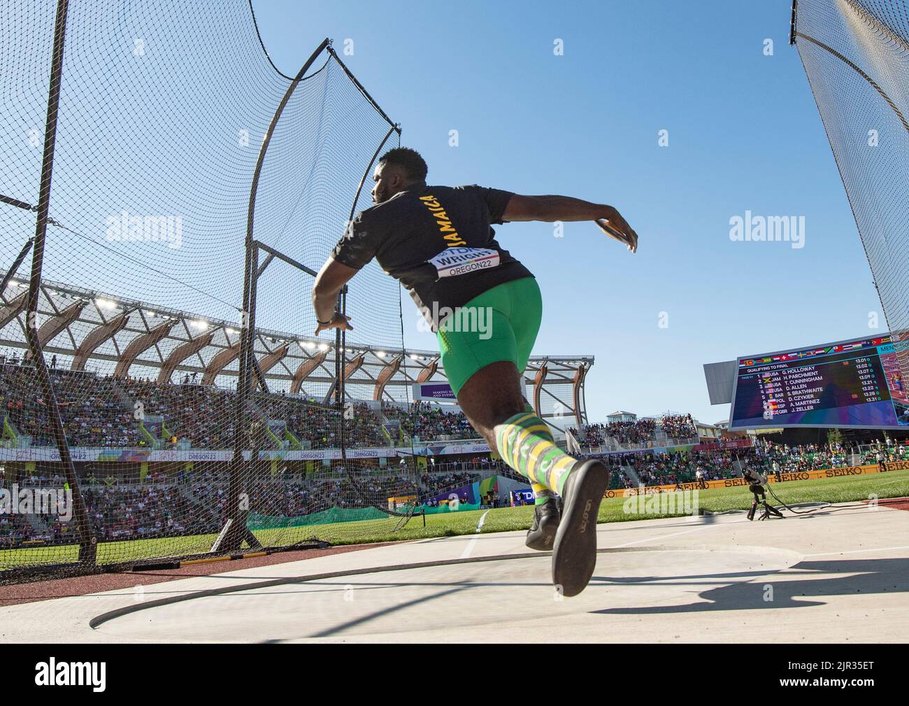 Chad Wright of Jamaica competing in the men’s discus heats at Hayward ...