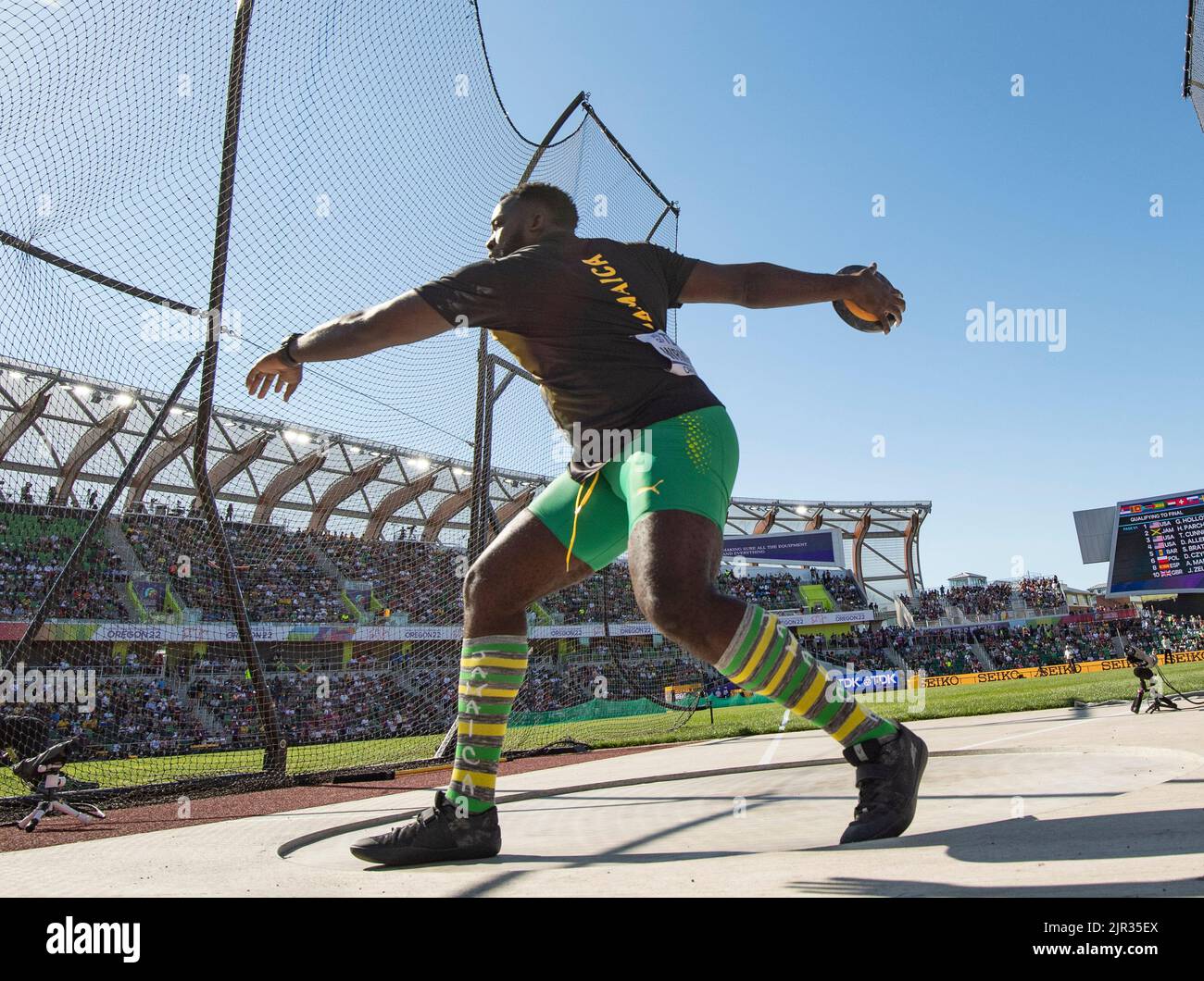 Chad Wright of Jamaica competing in the men’s discus heats at Hayward ...