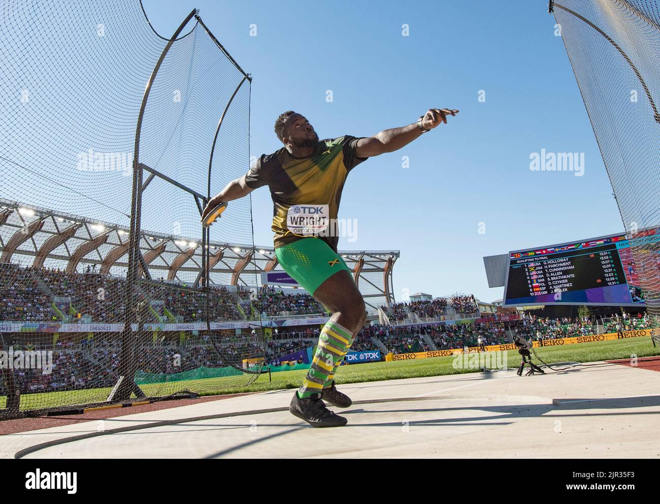 Chad Wright of Jamaica competing in the men’s discus heats at Hayward ...