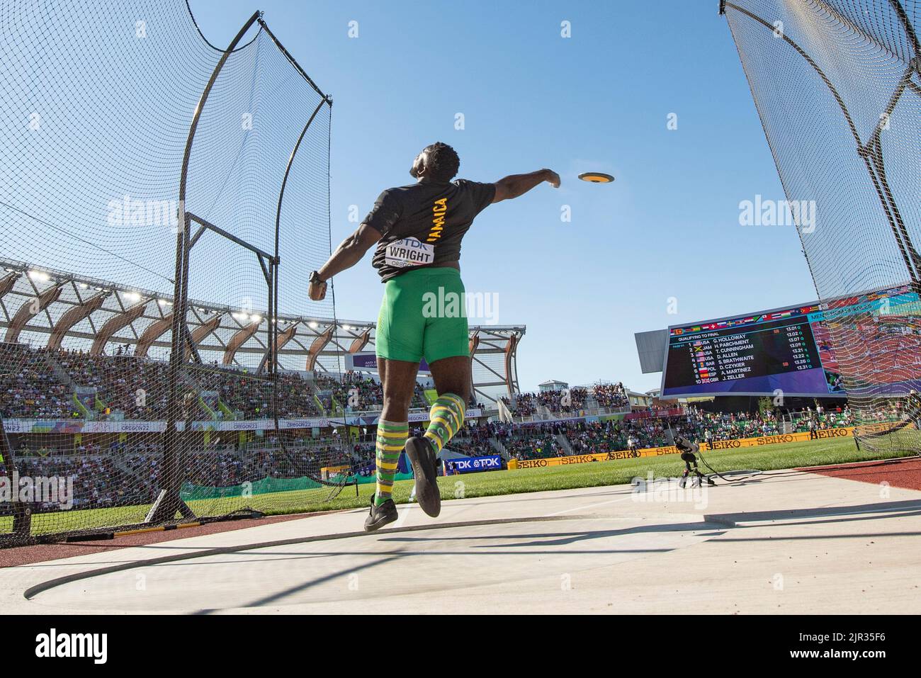 Chad Wright of Jamaica competing in the men’s discus heats at Hayward ...