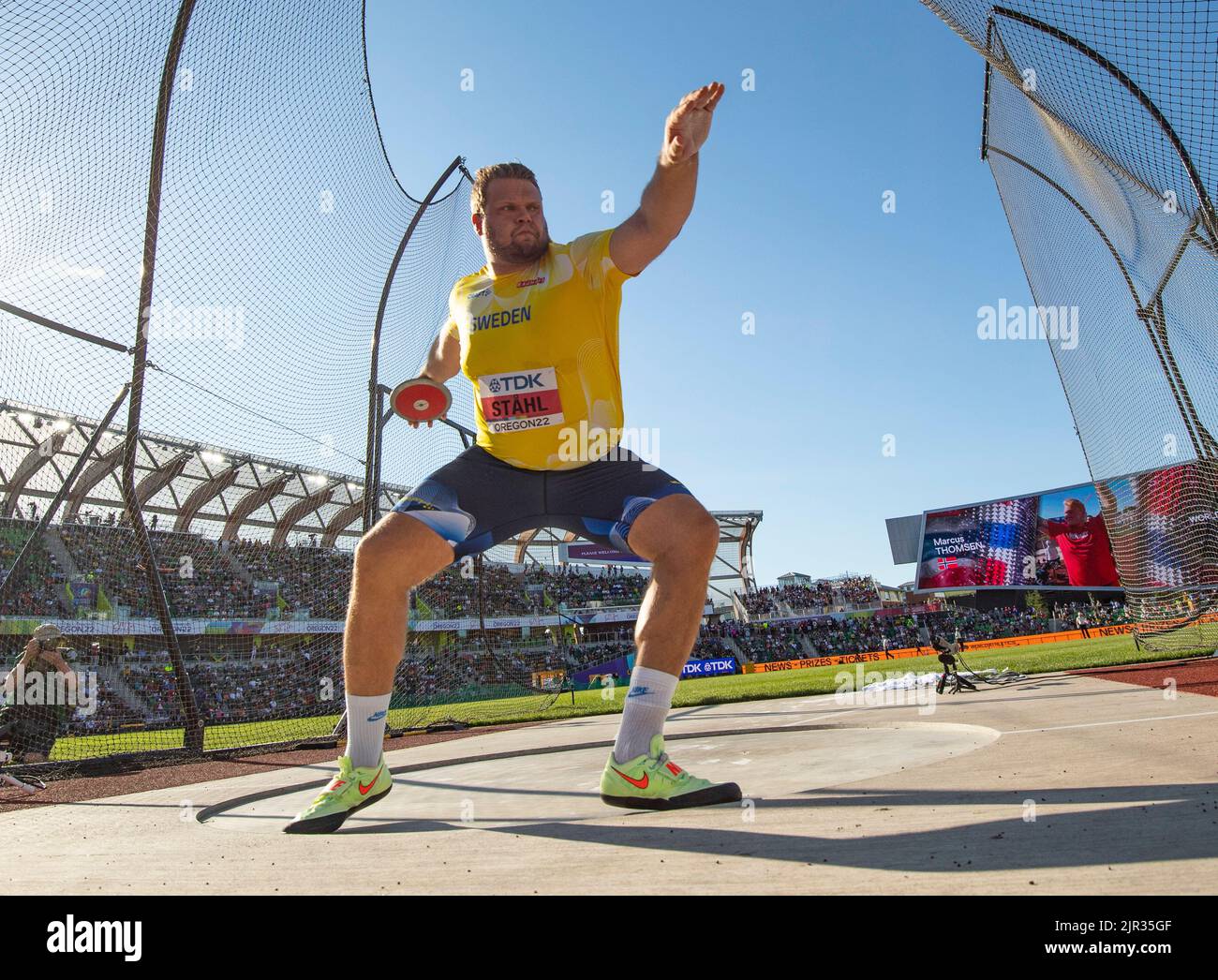 Daniel Stahl of Sweden competing in the men’s discus heats at Hayward ...