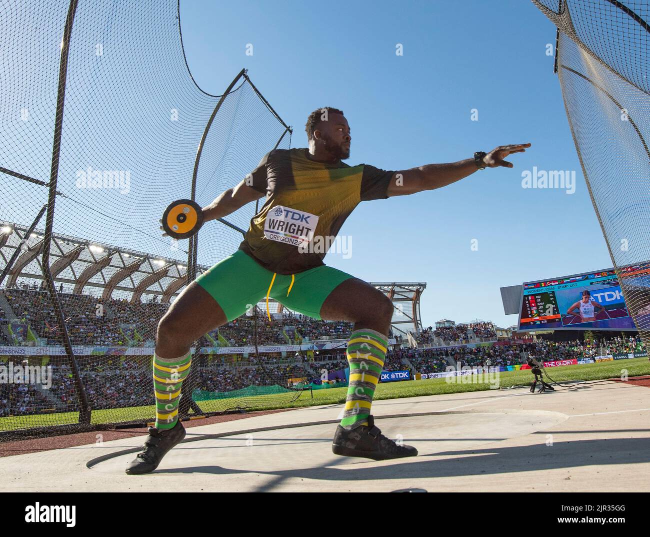 Chad Wright of Jamaica competing in the men’s discus heats at Hayward ...