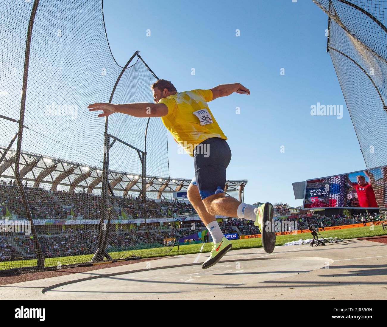 Daniel Stahl of Sweden competing in the men’s discus heats at Hayward ...
