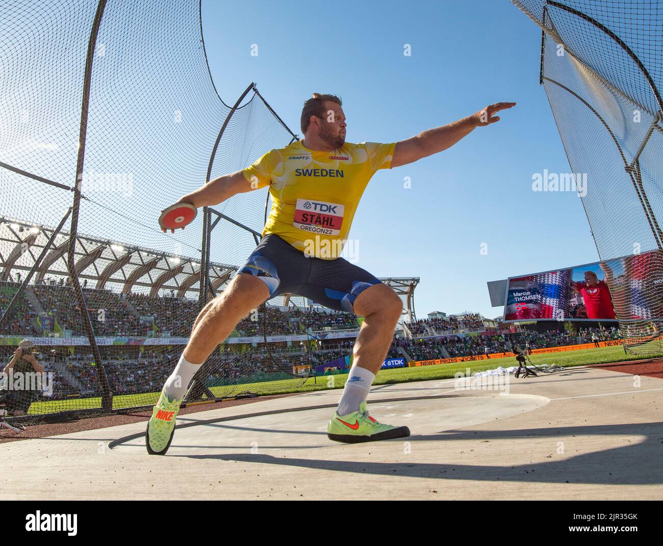 Daniel Stahl of Sweden competing in the men’s discus heats at Hayward ...