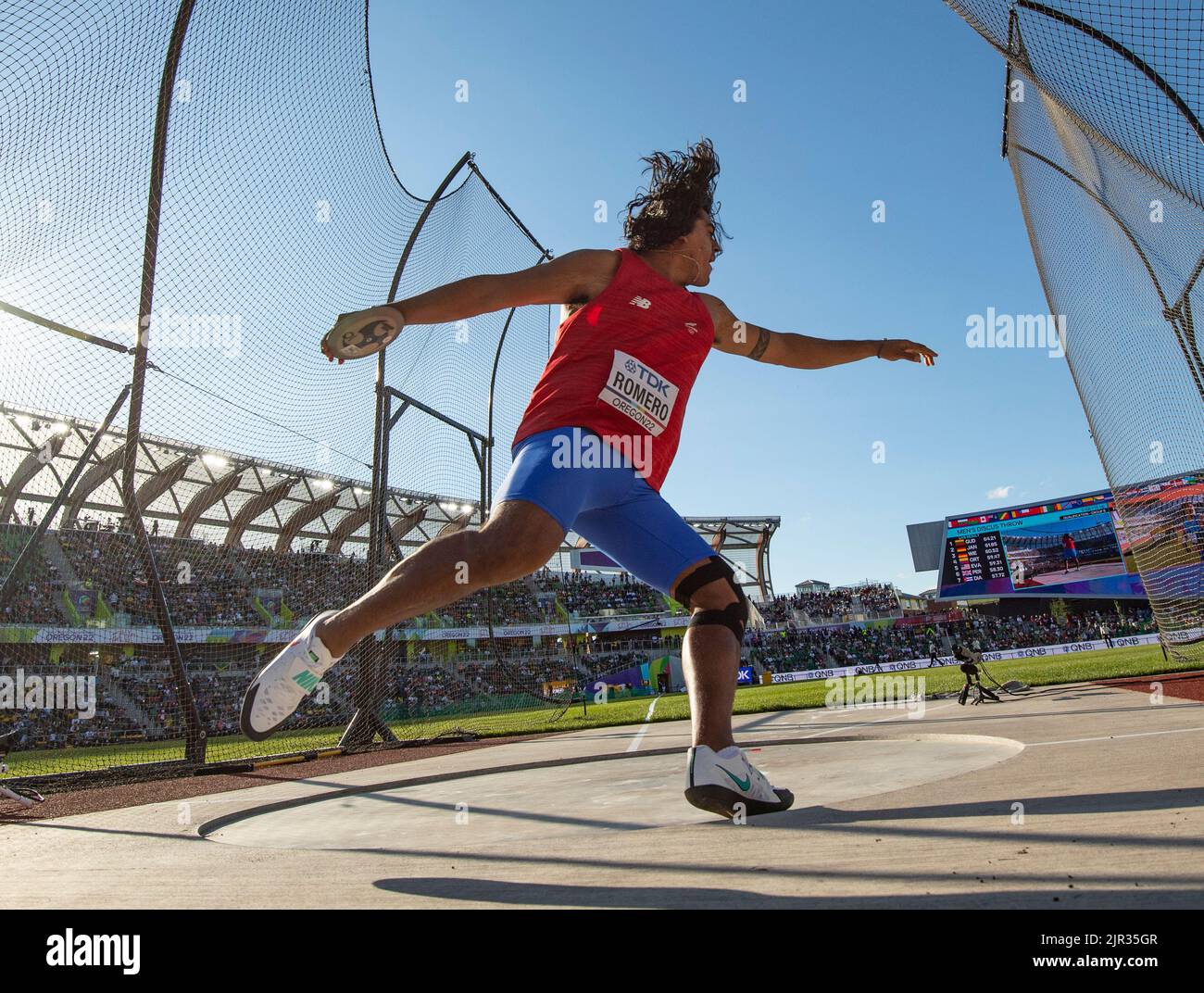 Claudio Romero of Chile competing in the men’s discus heats at Hayward ...