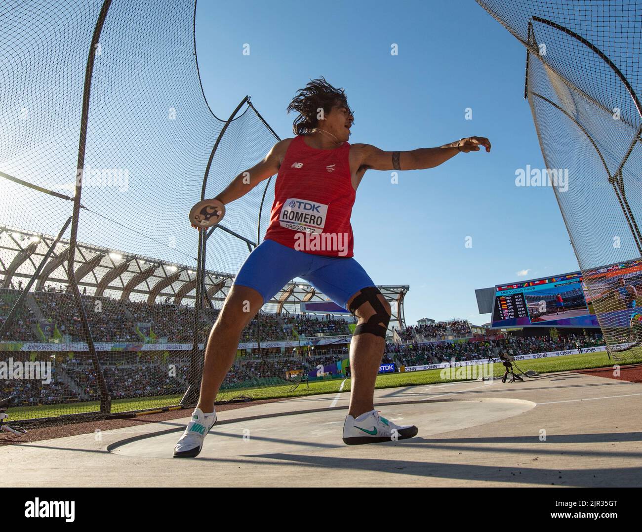 Claudio Romero of Chile competing in the men’s discus heats at Hayward ...