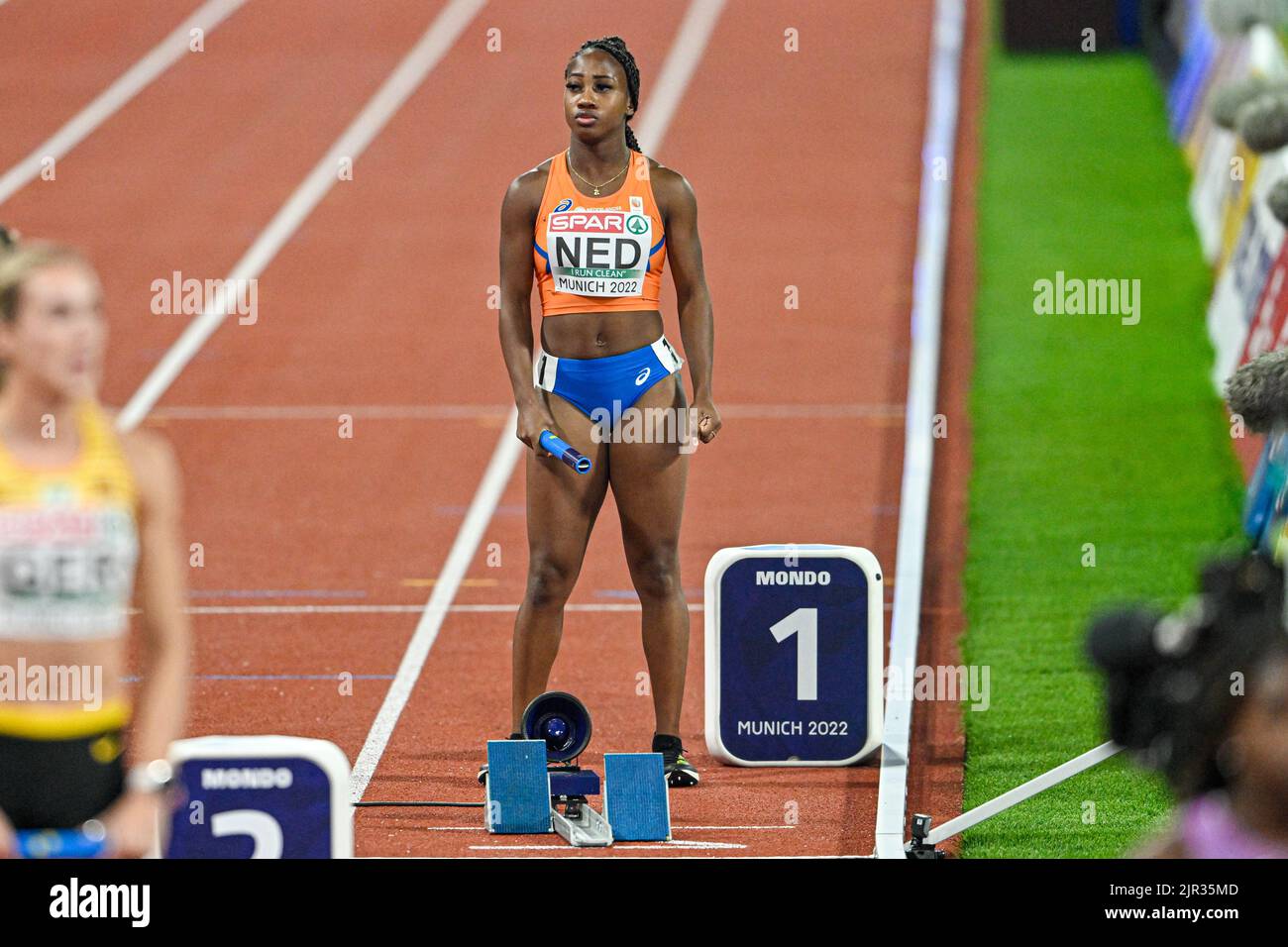 MUNCHEN, GERMANY - AUGUST 21: Nketia Seedo of The Netherlands competing in women's 4x 100m relay ...