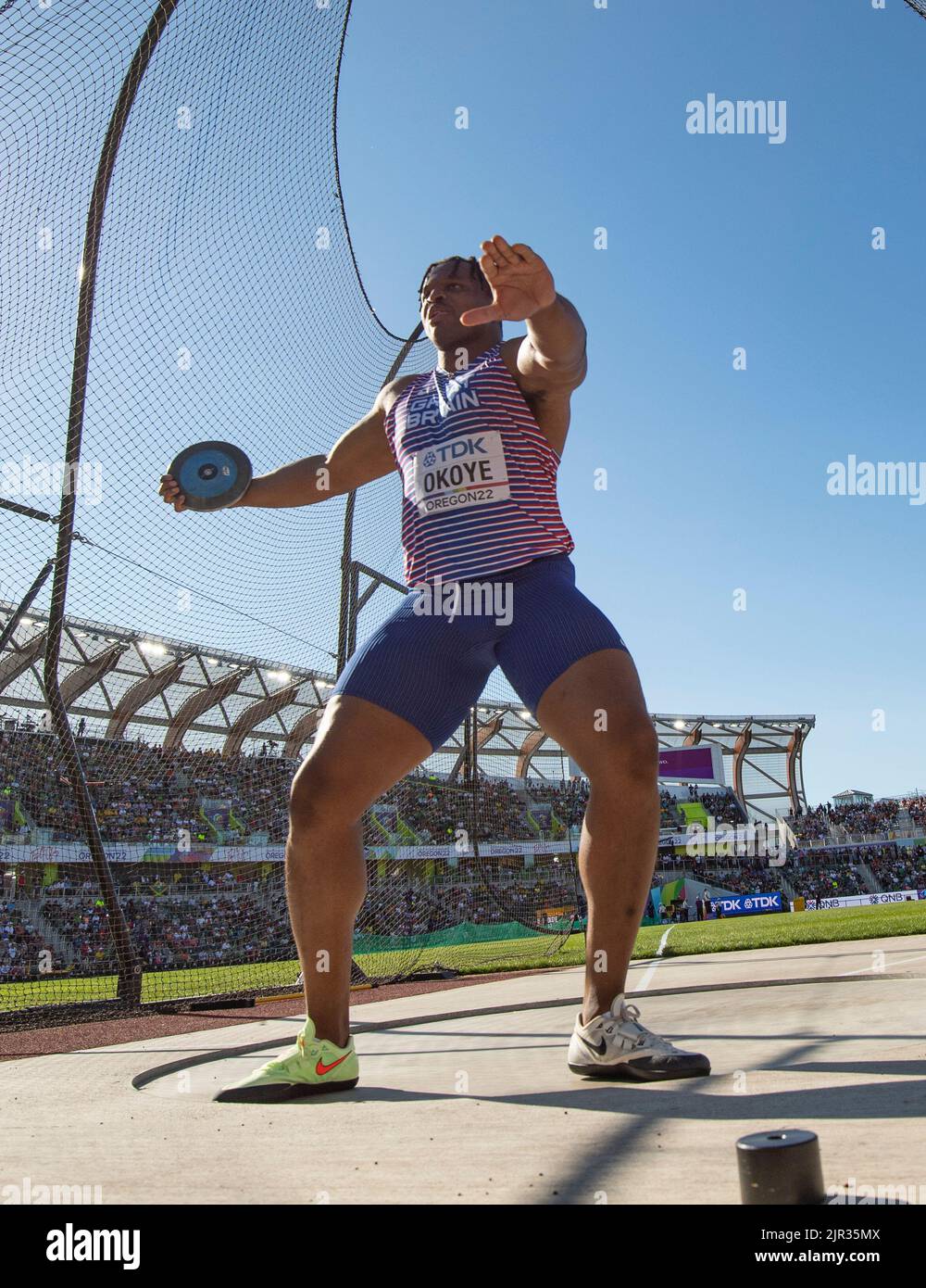Lawrence Okoye of GB&NI competing in the men’s discus heats at Hayward ...