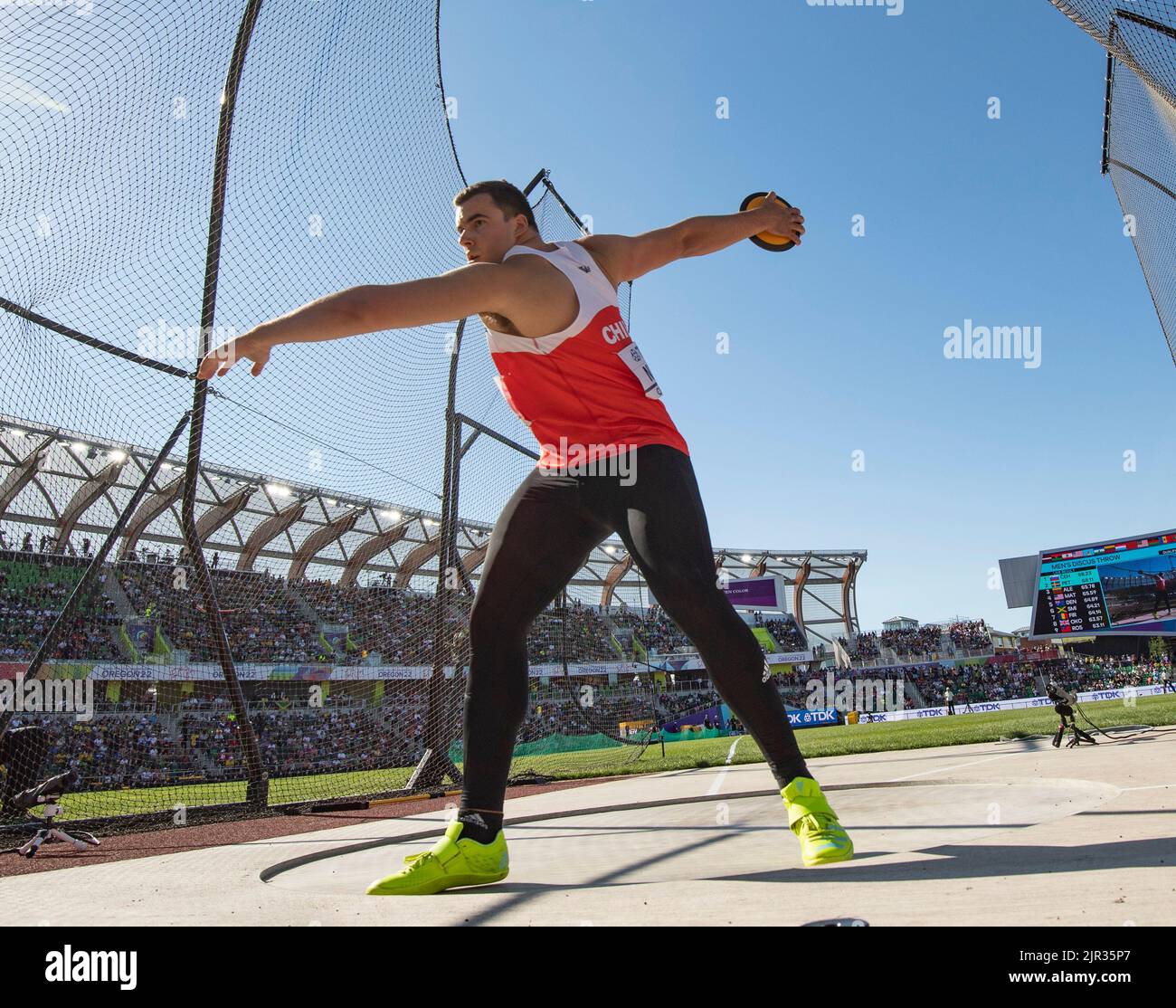 Lucas Nervi of Chile competing in the men’s discus heats at Hayward ...