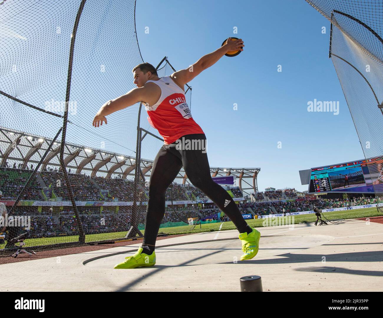 Lucas Nervi of Chile competing in the men’s discus heats at Hayward ...