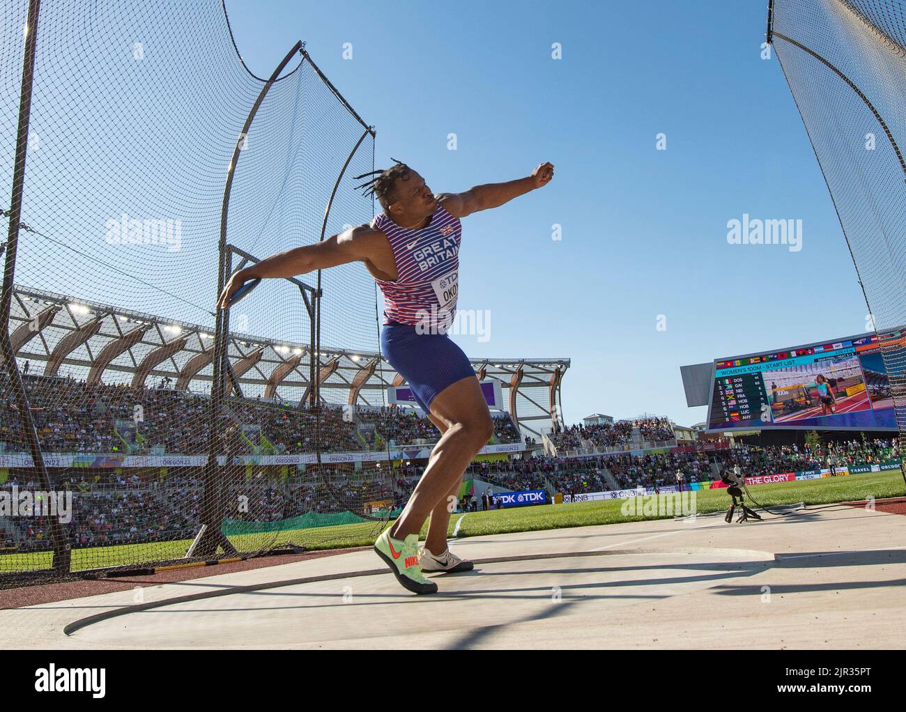 Lawrence Okoye of GB&NI competing in the men’s discus heats at Hayward ...