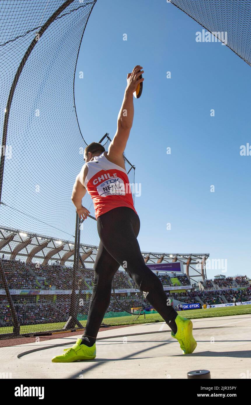 Lucas Nervi of Chile competing in the men’s discus heats at Hayward ...