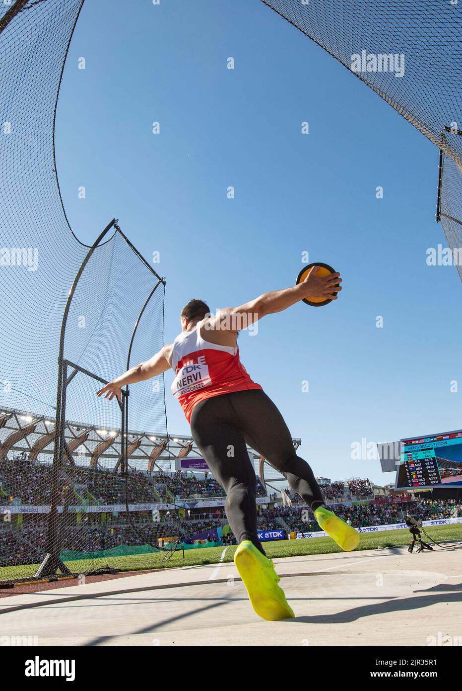 Lucas Nervi of Chile competing in the men’s discus heats at Hayward ...