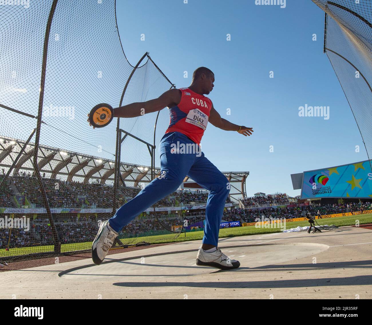 Mario A. Diaz of Cuba competing in the men’s discus heats at Hayward ...
