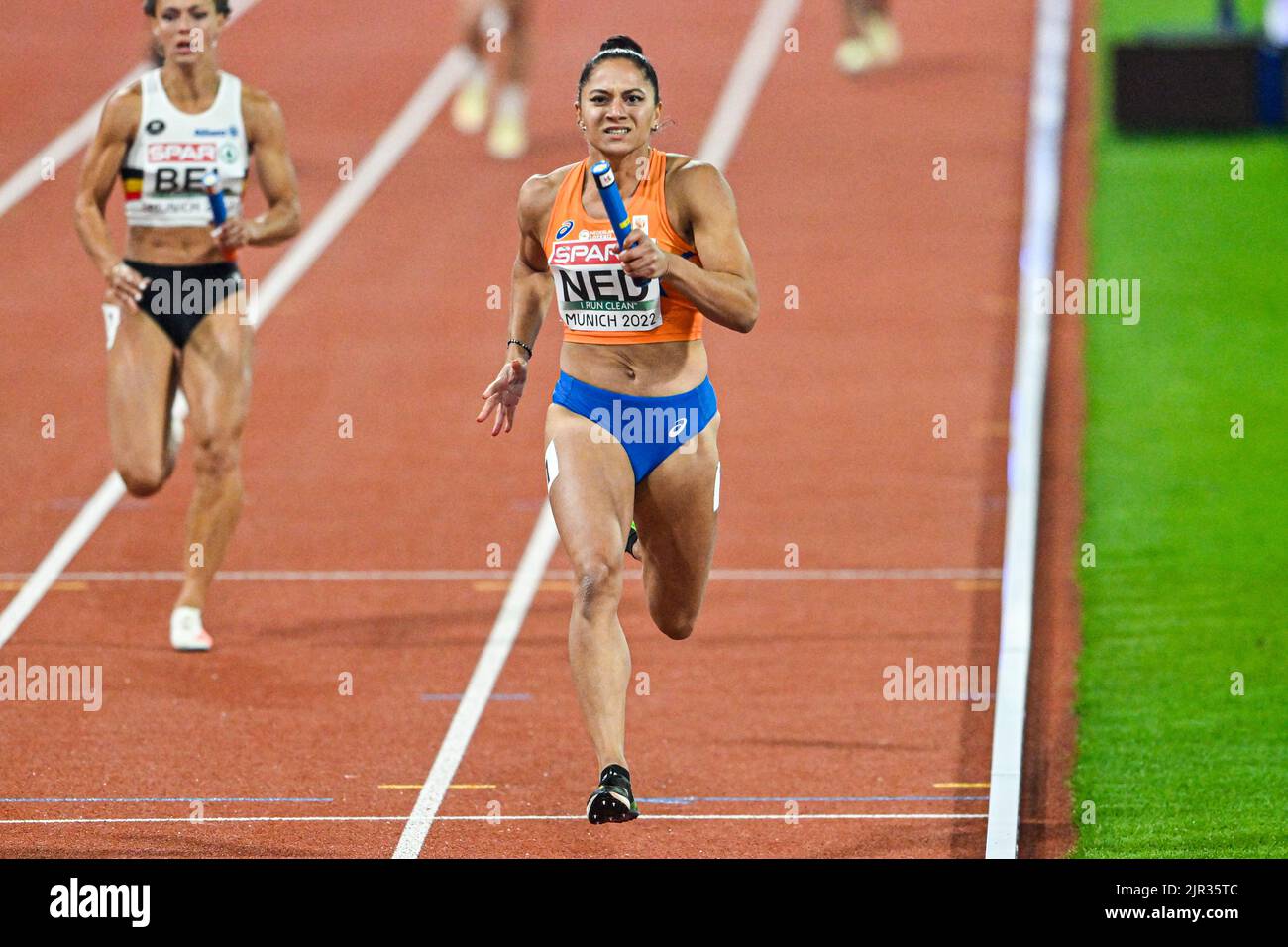 MUNCHEN, GERMANY - AUGUST 21: Zoe Sedney of The Netherlands competing in women's 4x 100m relay ...