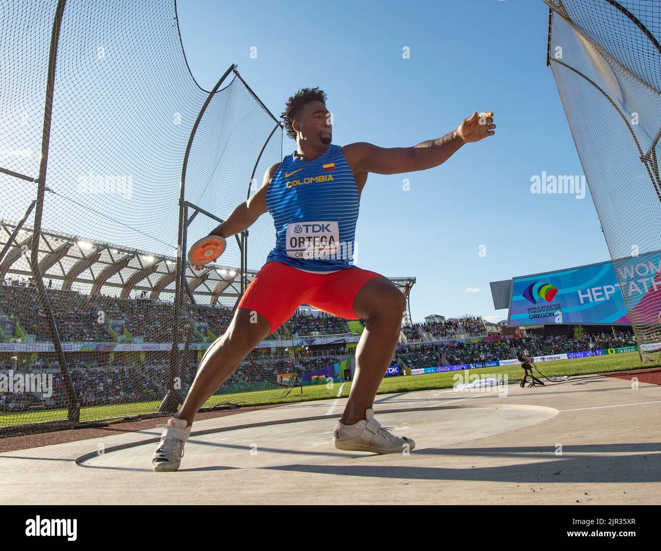 Mauricio Ortega of Colombia competing in the men’s discus heats at ...
