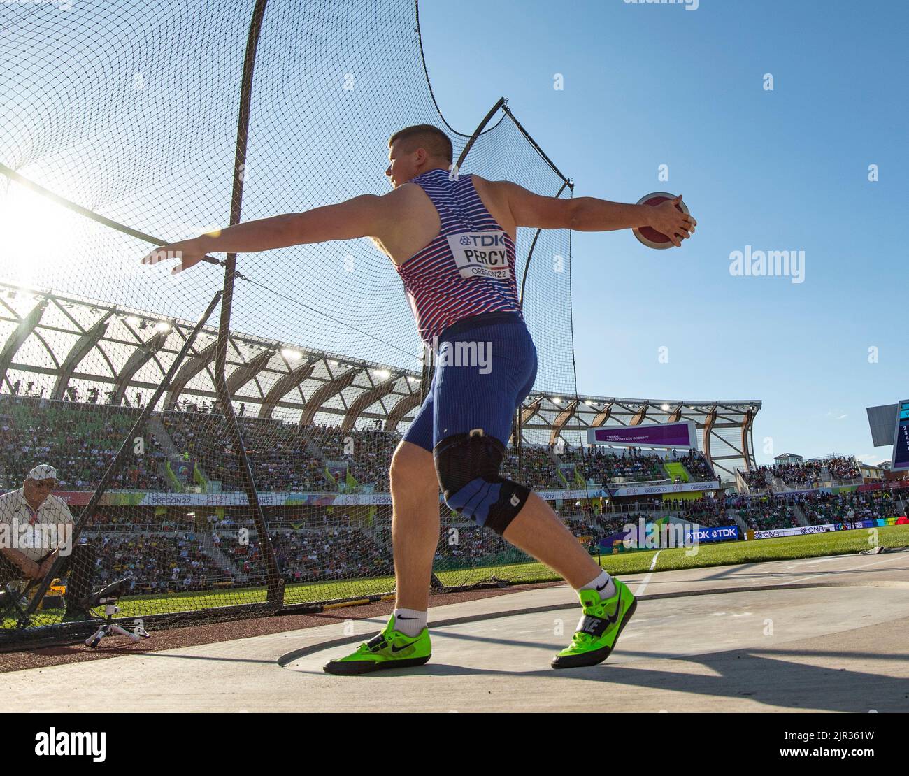 Nick Percy of GB&NI competing in the men’s discus heats at Hayward ...
