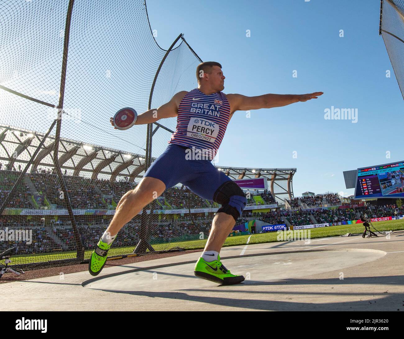 Nick Percy of GB&NI competing in the men’s discus heats at Hayward ...