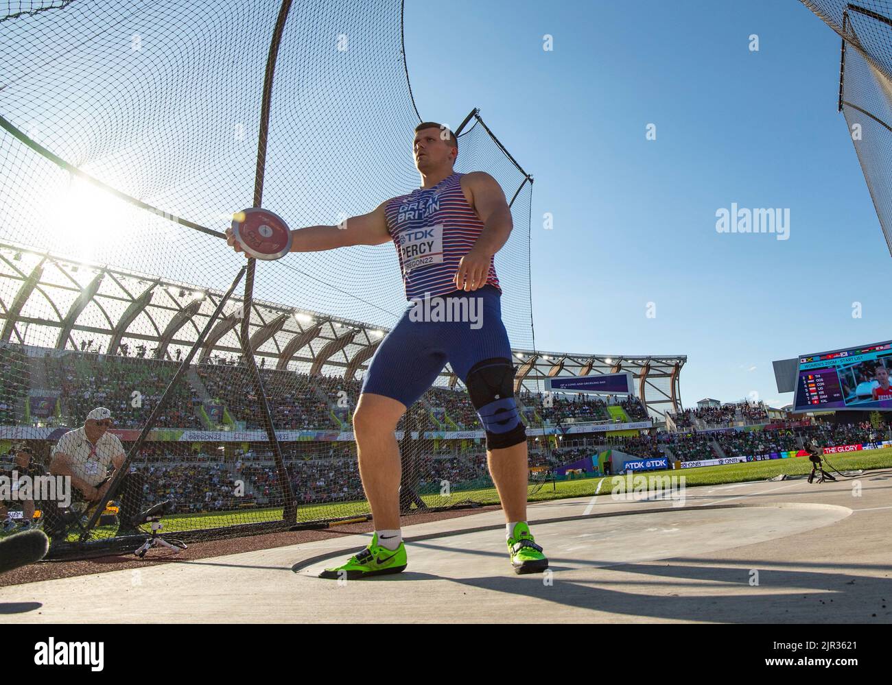 Nick Percy of GB&NI competing in the men’s discus heats at Hayward ...