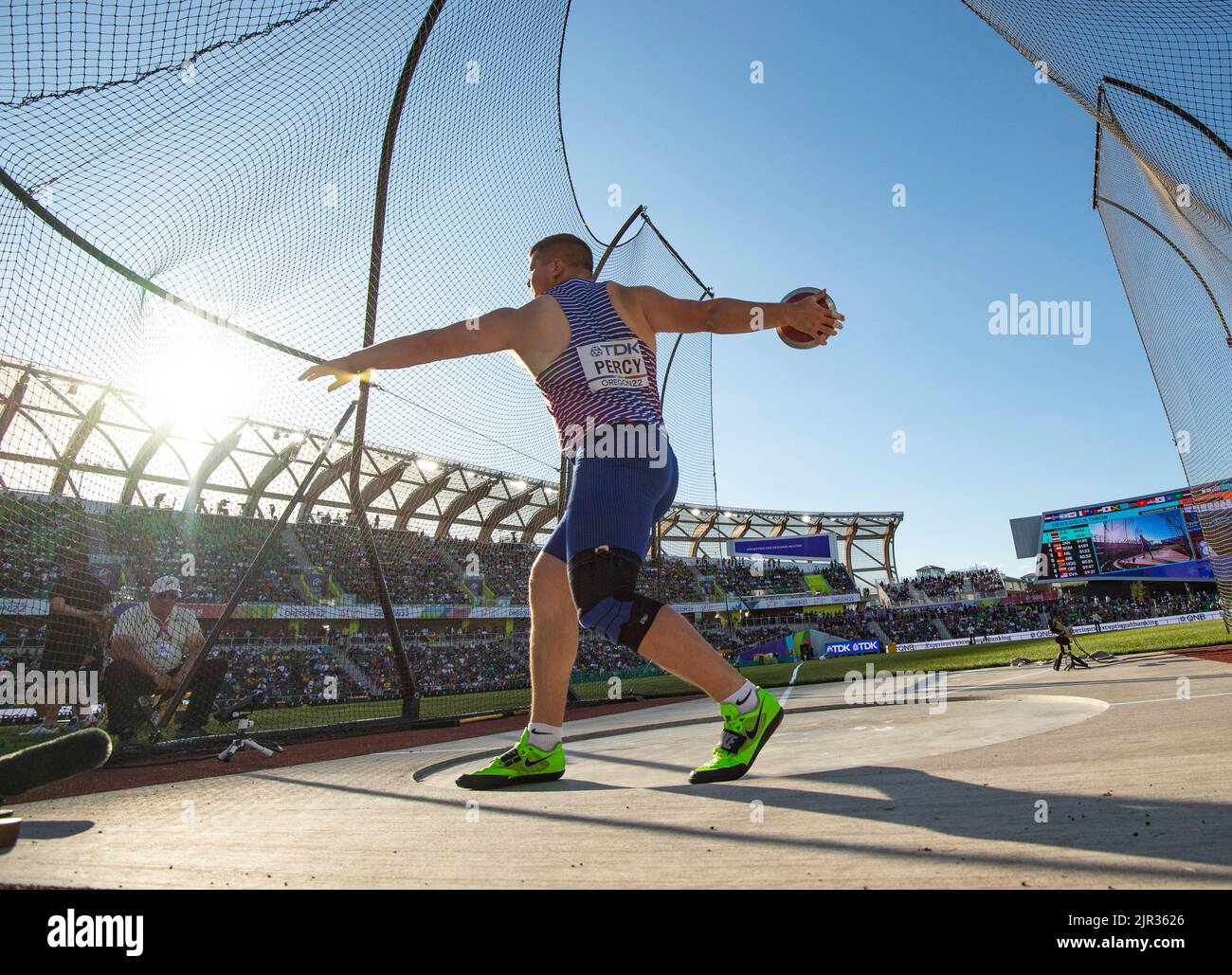Nick Percy of GB&NI competing in the men’s discus heats at Hayward ...