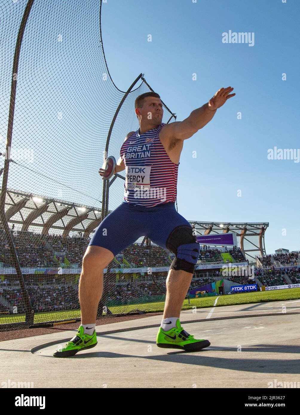 Nick Percy of GB&NI competing in the men’s discus heats at Hayward ...