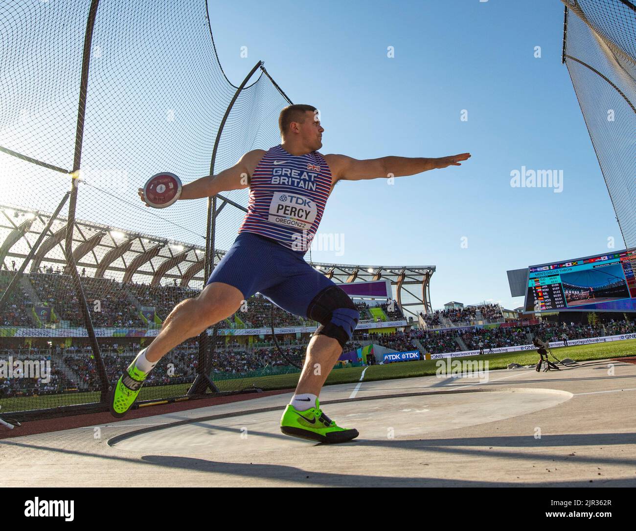 Nick Percy of GB&NI competing in the men’s discus heats at Hayward ...