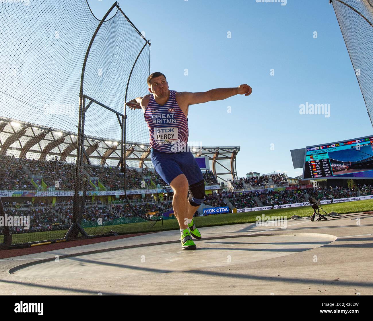 Nick Percy of GB&NI competing in the men’s discus heats at Hayward ...