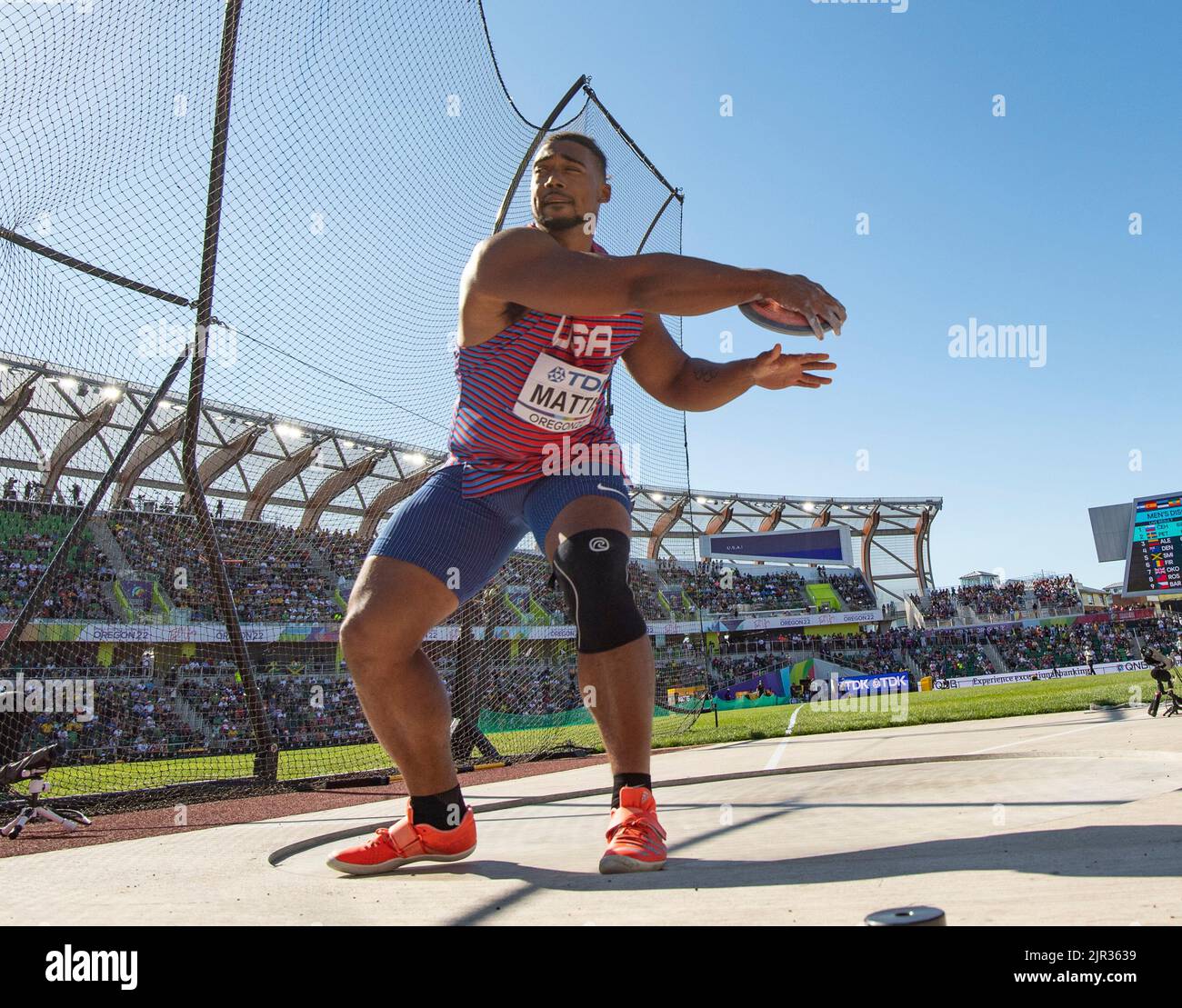 Sam Mattis of the USA competing in the men’s discus heats at Hayward ...