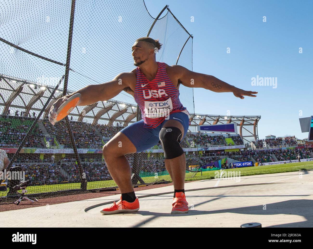 Sam Mattis of the USA competing in the men’s discus heats at Hayward ...