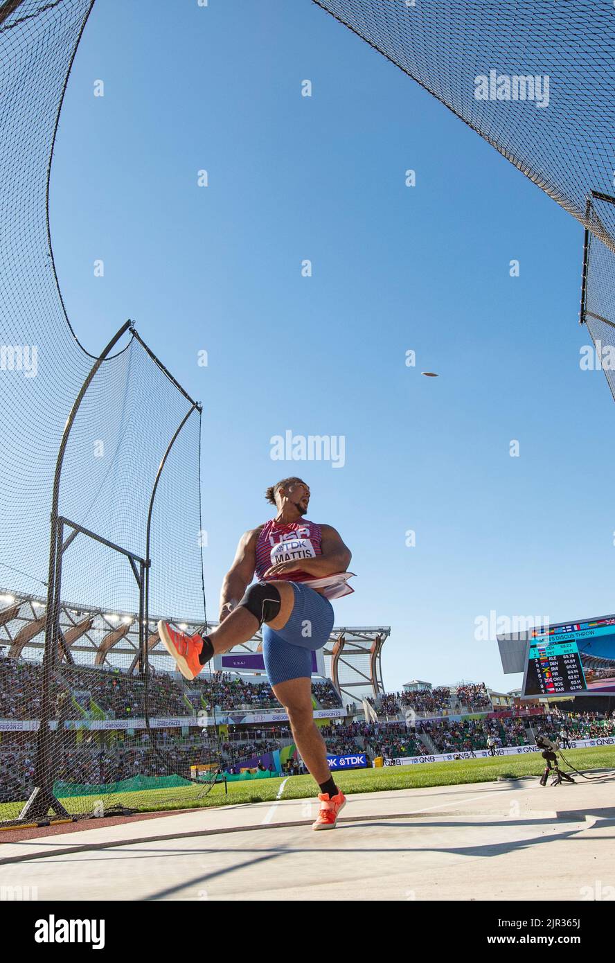 Sam Mattis of the USA competing in the men’s discus heats at Hayward ...